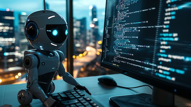 High tech robot engaged in coding software with computer screen full of programming code ...