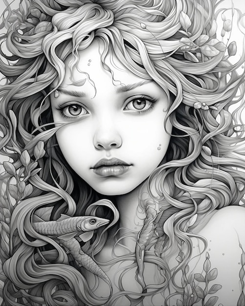 A highly detailed black and white illustration featuring a young womans ... A highly detailed black and white illustration featuring a young womans ...