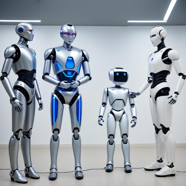 Premium AI Image | HighTech Conference AI Robots Standing Discussion Premium AI Image | HighTech Conference AI Robots Standing Discussion