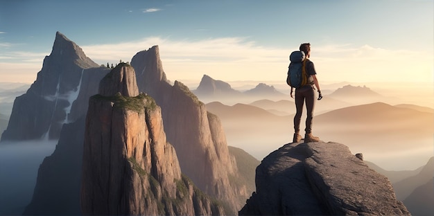 Premium AI Image | Hiker at the summit of a mountain overlooking a ... Premium AI Image | Hiker at the summit of a mountain overlooking a ...