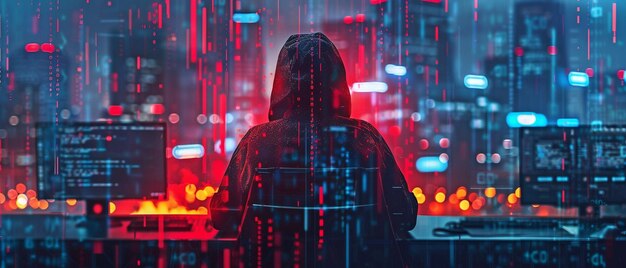 A holographic display with programming code hidden behind an abstract hacker Icons of hackers on ...