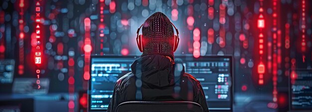 A holographic display with programming code hidden behind an abstract hacker Icons of hackers on ...