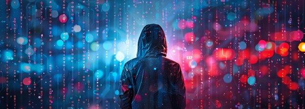 A holographic display with programming code hidden behind an abstract hacker Icons of hackers on ...