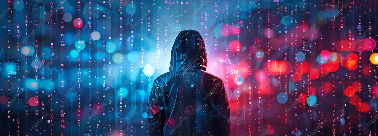 A holographic display with programming code hidden behind an abstract ...