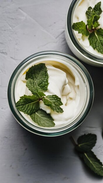 Homemade natural organic yogurt and mint in two glass jars on a grey ... Homemade natural organic yogurt and mint in two glass jars on a grey ...