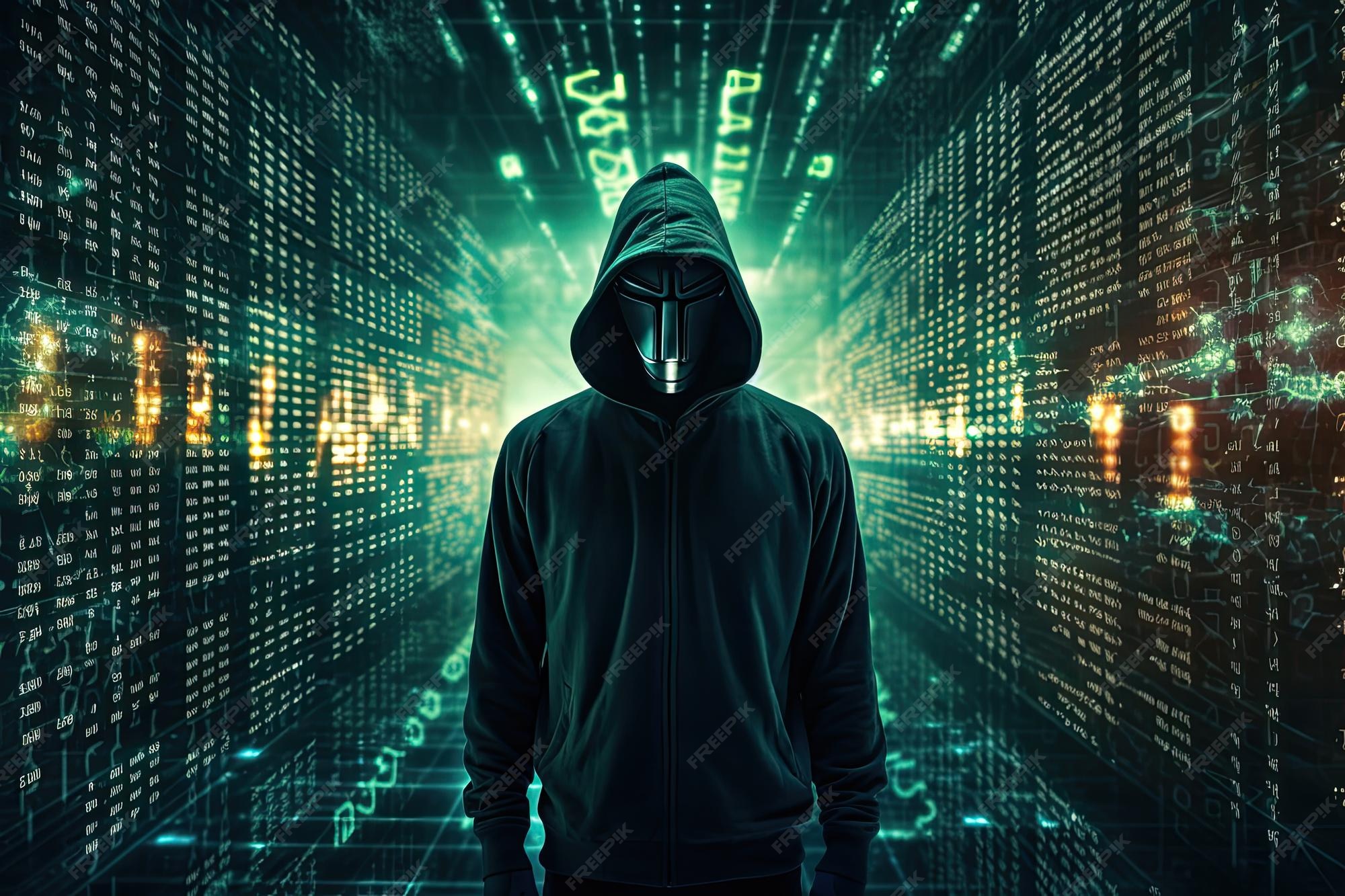 Premium AI Image | Hooded hacker in front of binary code background Hacking concept Anonymous ...