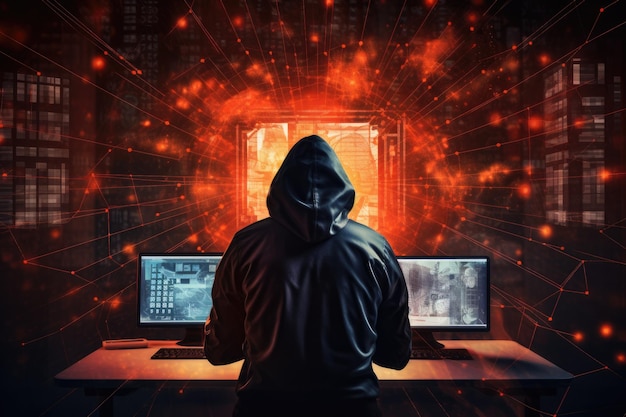 Premium Ai Image Hooded Hacker In Front Of Technology Background With Binary Code Concept