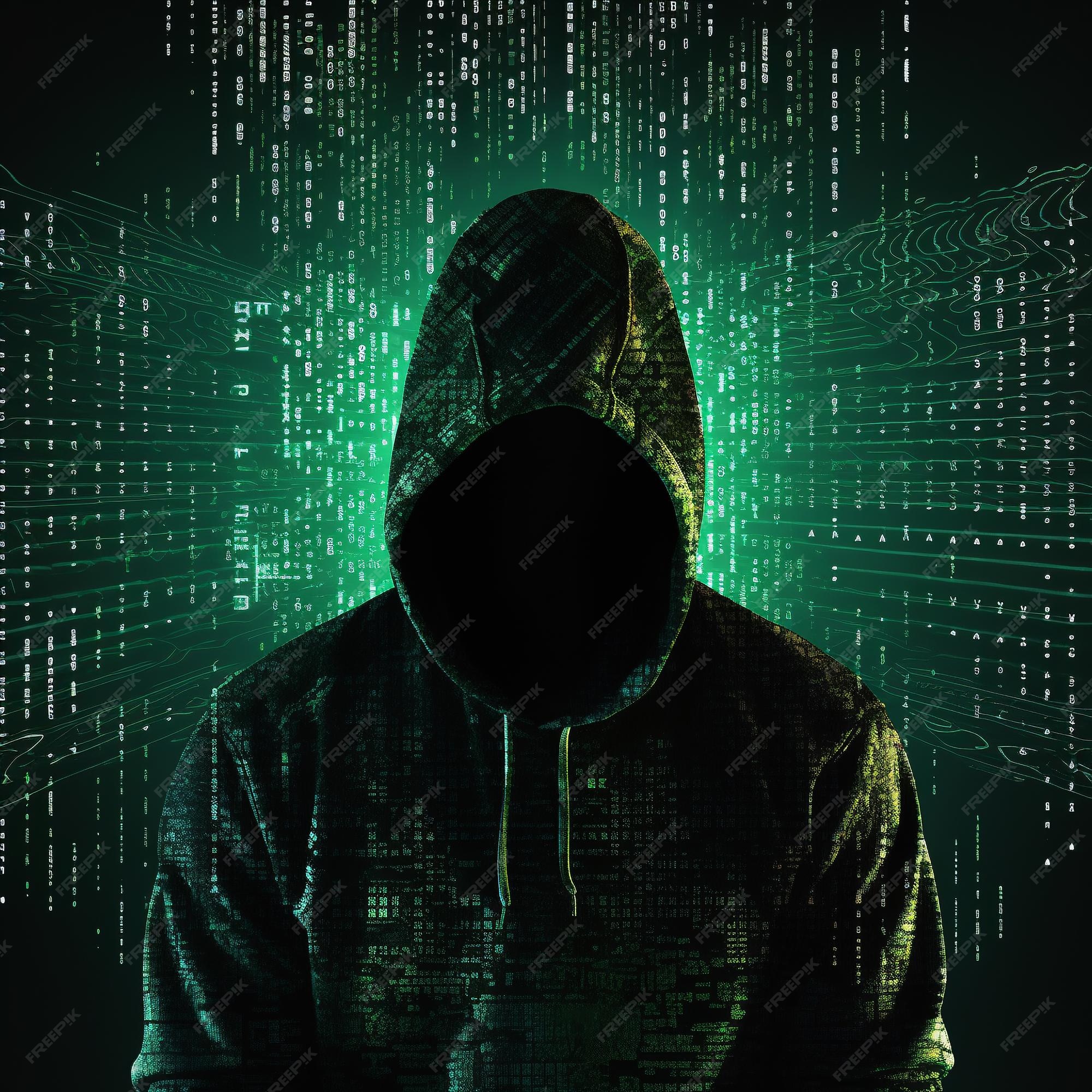 Premium AI Image | Hooded hacker with binary code and binary code on ...
