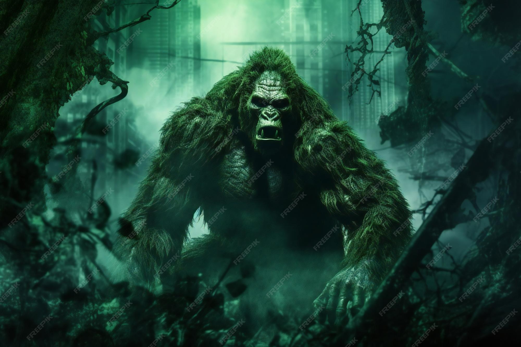 Premium Photo Horror Scene With Scary Gorilla In Dark Forest Halloween Concept