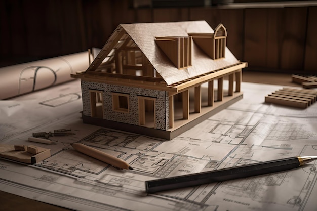 Premium AI Image | House architecture model on top of blueprints ... Premium AI Image | House architecture model on top of blueprints ...