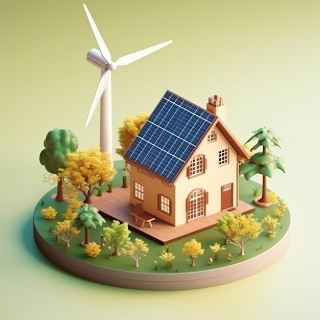 Premium Ai Image House With Solar Panels And Wind Turbine Renewable