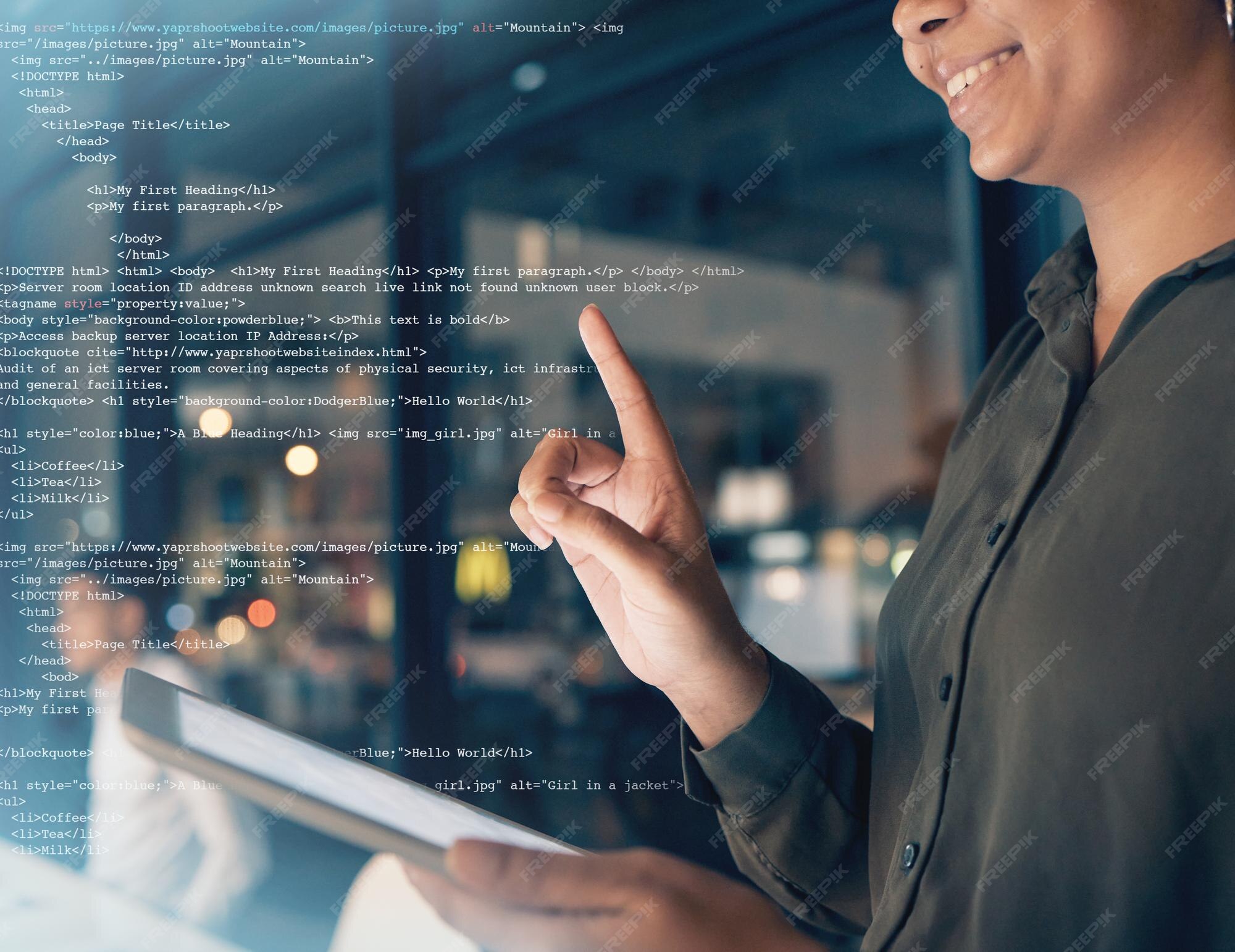 Premium Photo Html Programming Overlay And Woman On Tablet For