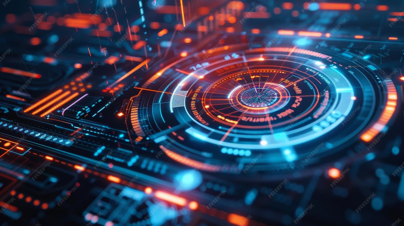 Premium Photo | HUD display showing digital data analytics and loading Rotating circles graphs ...