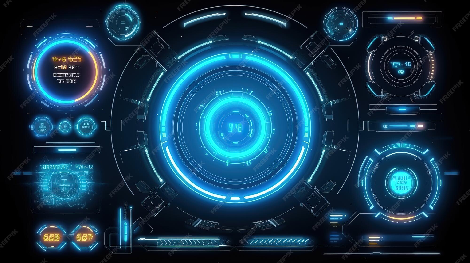 Hud 라운드 프레임 및 테두리 조준 제어 및 디지털 인터페이스 게임 배경 디자인을 위한 Hudgui 기술 배경 디지털 데이터 생성 Ai 프리미엄 사진