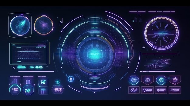 Hud 라운드 프레임 및 테두리 조준 제어 및 디지털 인터페이스 게임 배경 디자인을 위한 Hudgui 기술 배경 디지털 데이터 생성 Ai 프리미엄 사진