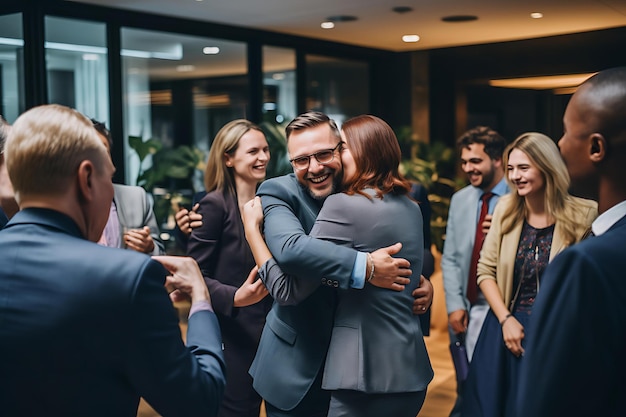 Premium Photo | Hug between coworkers in a supportive work environment Premium Photo | Hug between coworkers in a supportive work environment
