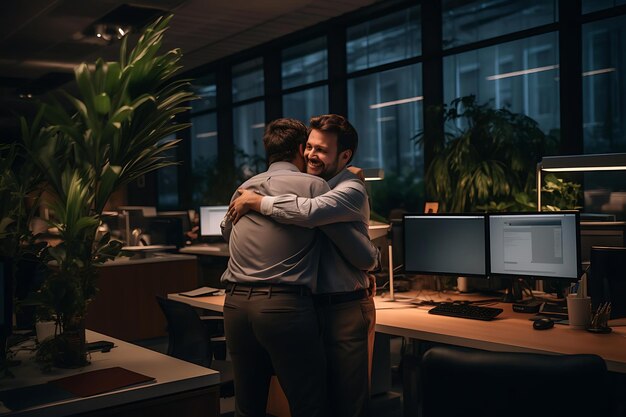 Premium Photo | Hug between coworkers in a supportive work environment Premium Photo | Hug between coworkers in a supportive work environment