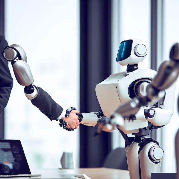 Premium AI Image | Human and AI robot handshake cooperation Premium AI Image | Human and AI robot handshake cooperation