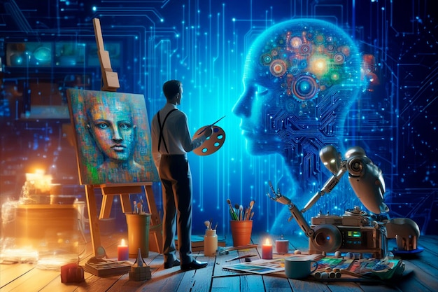 Premium Ai Image A Human Artist And Illuminated Ai Merging In A Dance Of Creativity And Technology 1873
