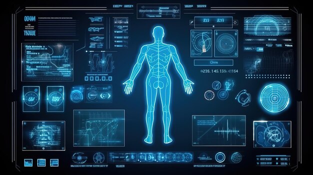 게임 배경 디자인을 위한 인체 저 폴리 와이어프레임 Hudgui 기술 배경 디지털 데이터 생성 Ai 프리미엄 사진