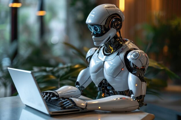 Premium Photo | Humanoid robot automates repetitive office tasks Premium Photo | Humanoid robot automates repetitive office tasks