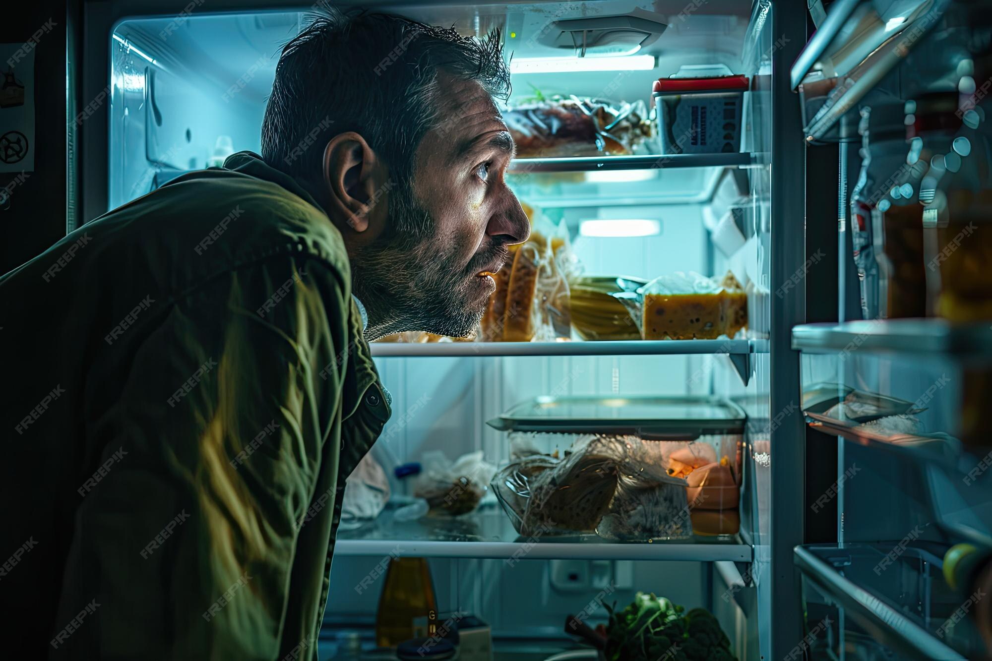 Hungry man looking in refrigerator | Premium AI-generated image Hungry man looking in refrigerator | Premium AI-generated image