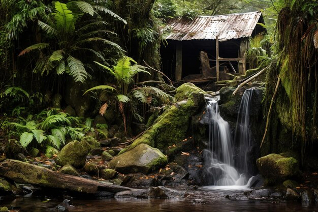 Premium Photo | A hut in the jungle with waterfall Generative Ai Premium Photo | A hut in the jungle with waterfall Generative Ai