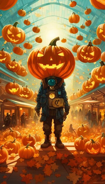 Premium Ai Image Hyperrealistic Hyperdetailed Halloween Pumpkin Head Humanoid