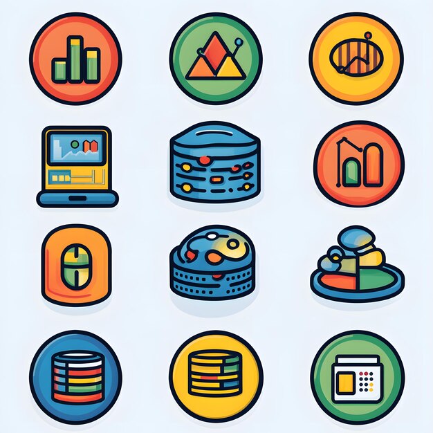 Icons Showcasing Data With Visuals Of Database Structures Data Graphs And Analytical Charts