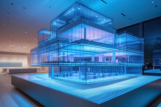 Illuminated Model Glass Building Displayed Outdoors At Twilight Premium Ai Generated Image