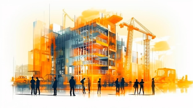 Premium Photo Illustration Digital Building Construction Engineering With Double Exposure
