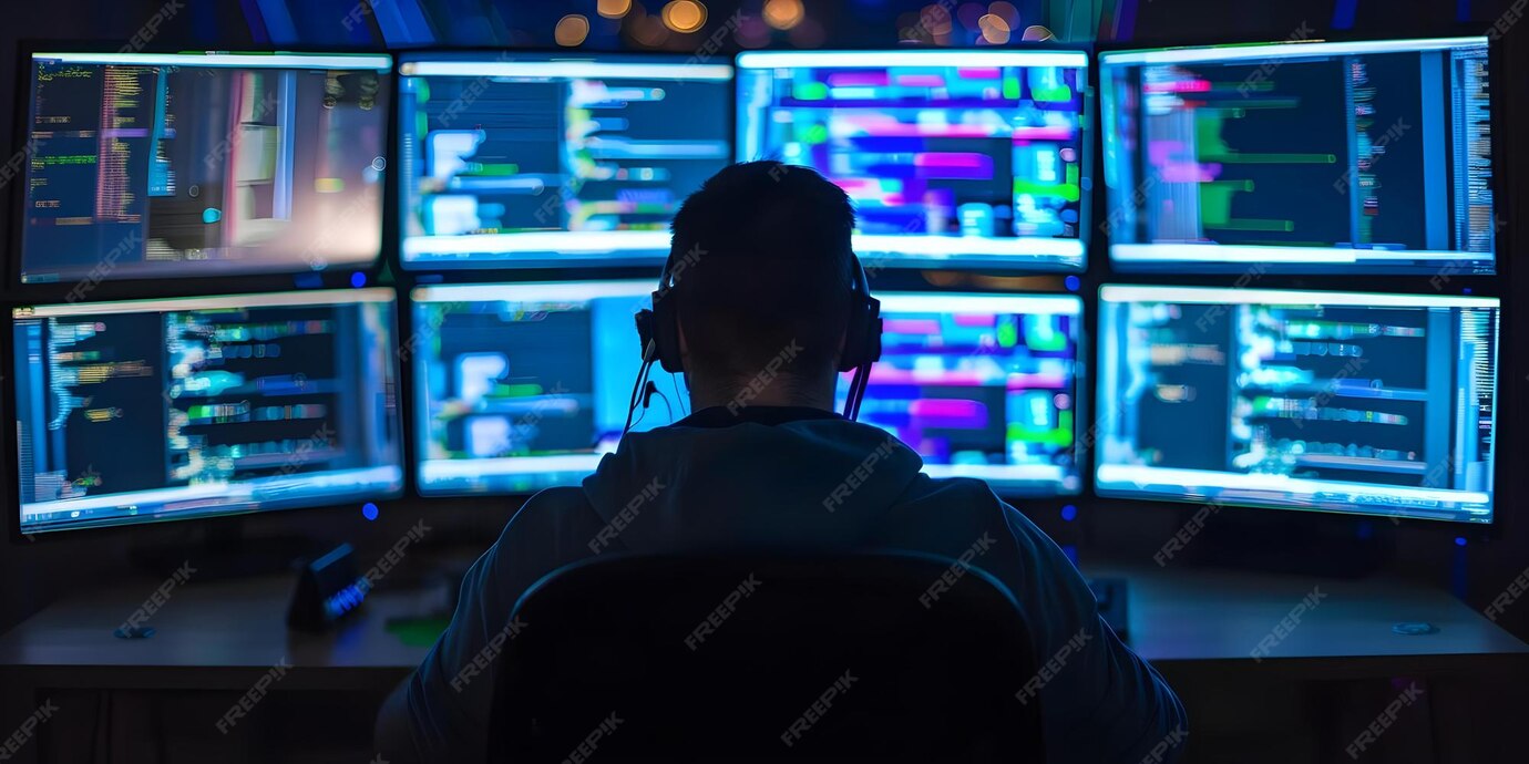 The image of a lone hacker coding in a dark room with multiple screens ...
