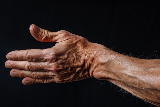 The image shows a mans hand with visible wrinkles and signs of aging A ... The image shows a mans hand with visible wrinkles and signs of aging A ...