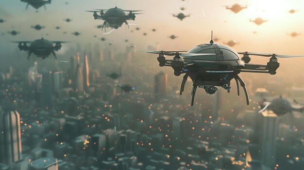 Premium Photo | The image shows a swarm of drones flying over a ... Premium Photo | The image shows a swarm of drones flying over a ...