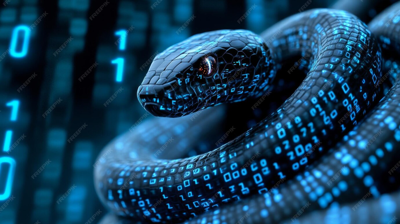 An image of a snake surrounded by binary code which symbolizes Python programming and data ...