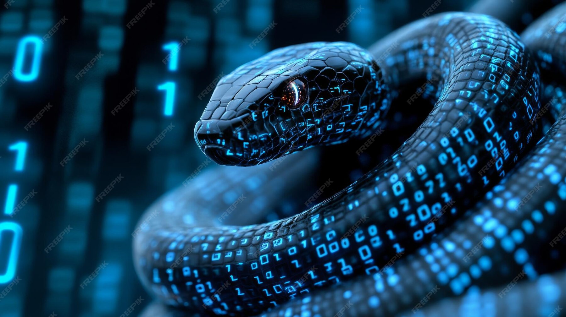 An image of a snake surrounded by binary code which symbolizes Python ...