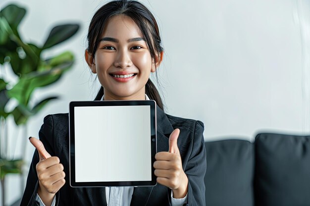 Indonesian woman in civil servant uniform with thumbs up while using ... Indonesian woman in civil servant uniform with thumbs up while using ...