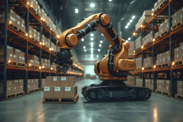 Industrial robotic arm efficiently maneuvering packages in a modern ... Industrial robotic arm efficiently maneuvering packages in a modern ...