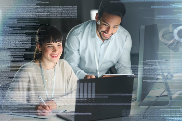 Premium Photo | Information technology overlay and team on laptop for ...