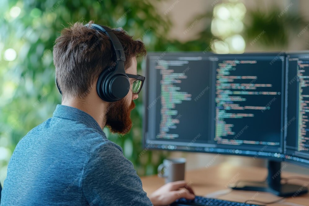 Innovative Programmer Immersed in Coding While Integrating API with Dual Monitors in Workspace ...