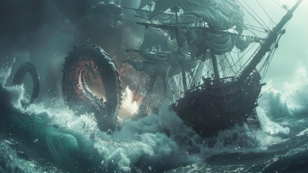 An intense scene depicting a grand sailing ship caught in a fierce ... An intense scene depicting a grand sailing ship caught in a fierce ...