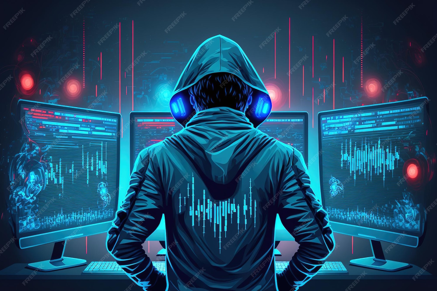 Internet speed stealing hacking and future technology concept back view of hacker at desktop ...