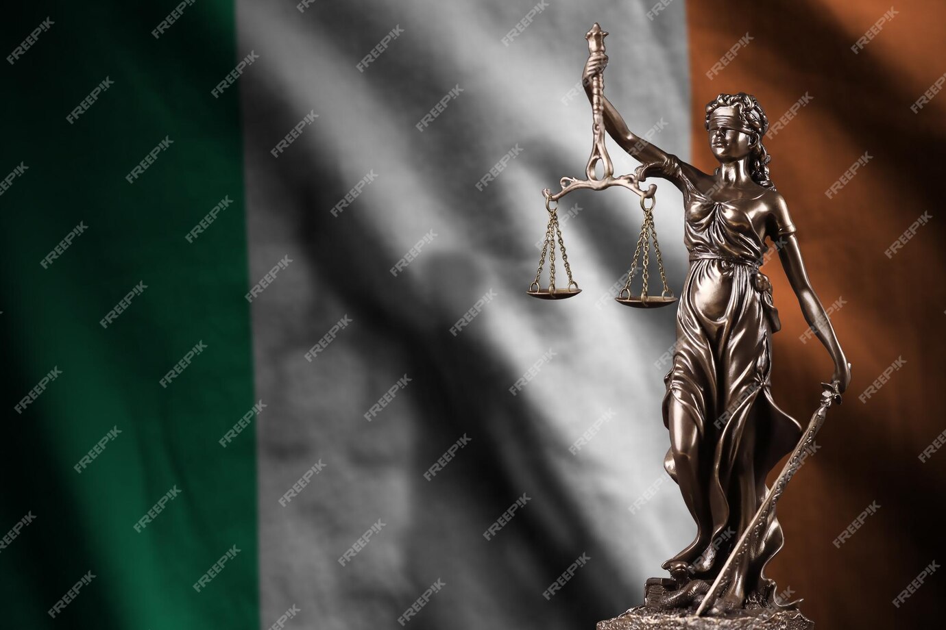 Premium Photo Ireland Flag With Statue Of Lady Justice And Judicial