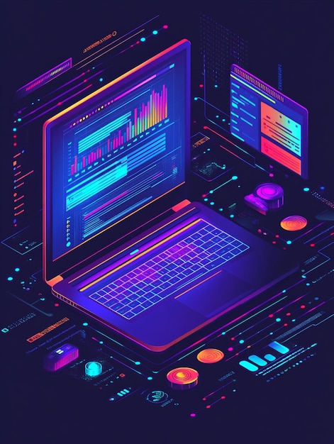Isometric laptop application with business graphs and data analysis Analysis trends and software ...