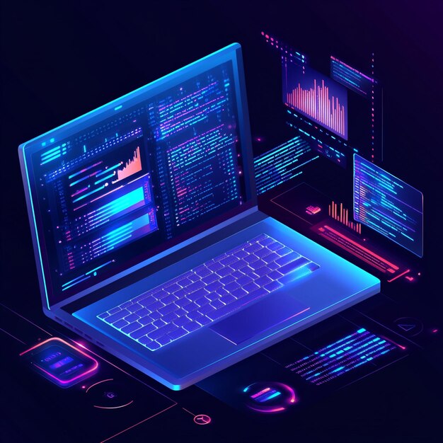 Isometric laptop application with business graphs and data analysis Analysis trends and software ...