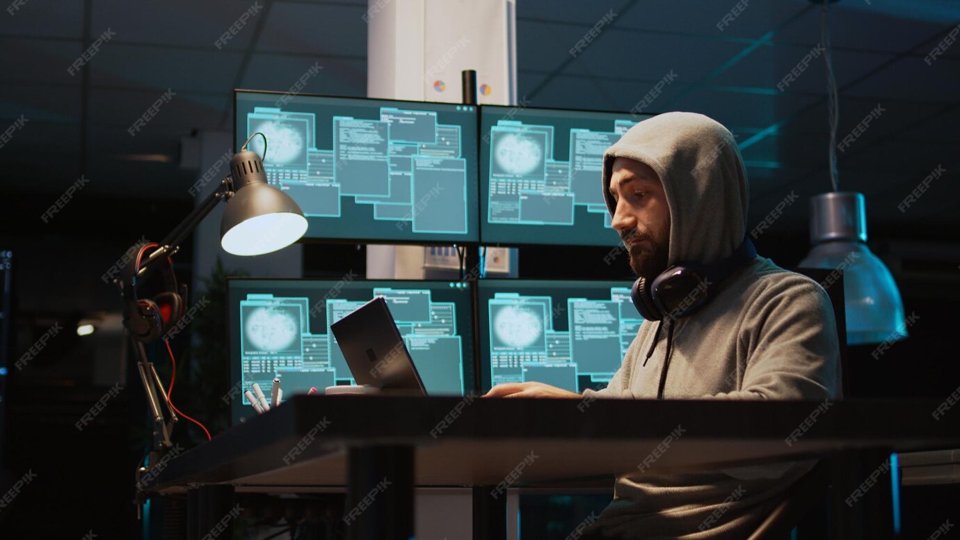Premium Photo It Criminal Hacking System At Night Using Virus To
