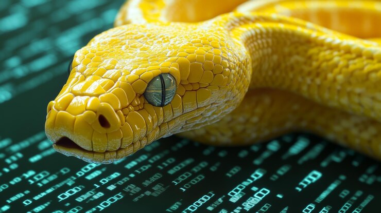 It depicts Python programming and coding as a golden snake woven into ...