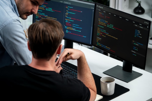 Premium Ai Image It Developers Discussing Online Software Development