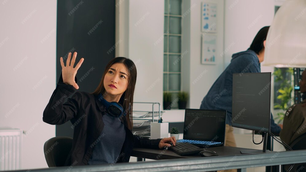 Premium Photo | It engineer using computer and turning head to use source code hologram, typing ...