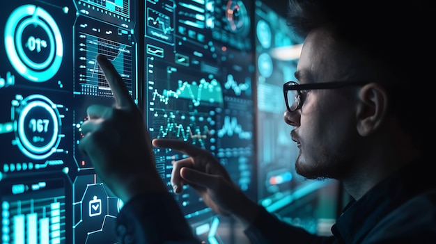 IT Programmer Working on Desktop Computer Analyzing Data Business Theme Blue Theme Programmer ...